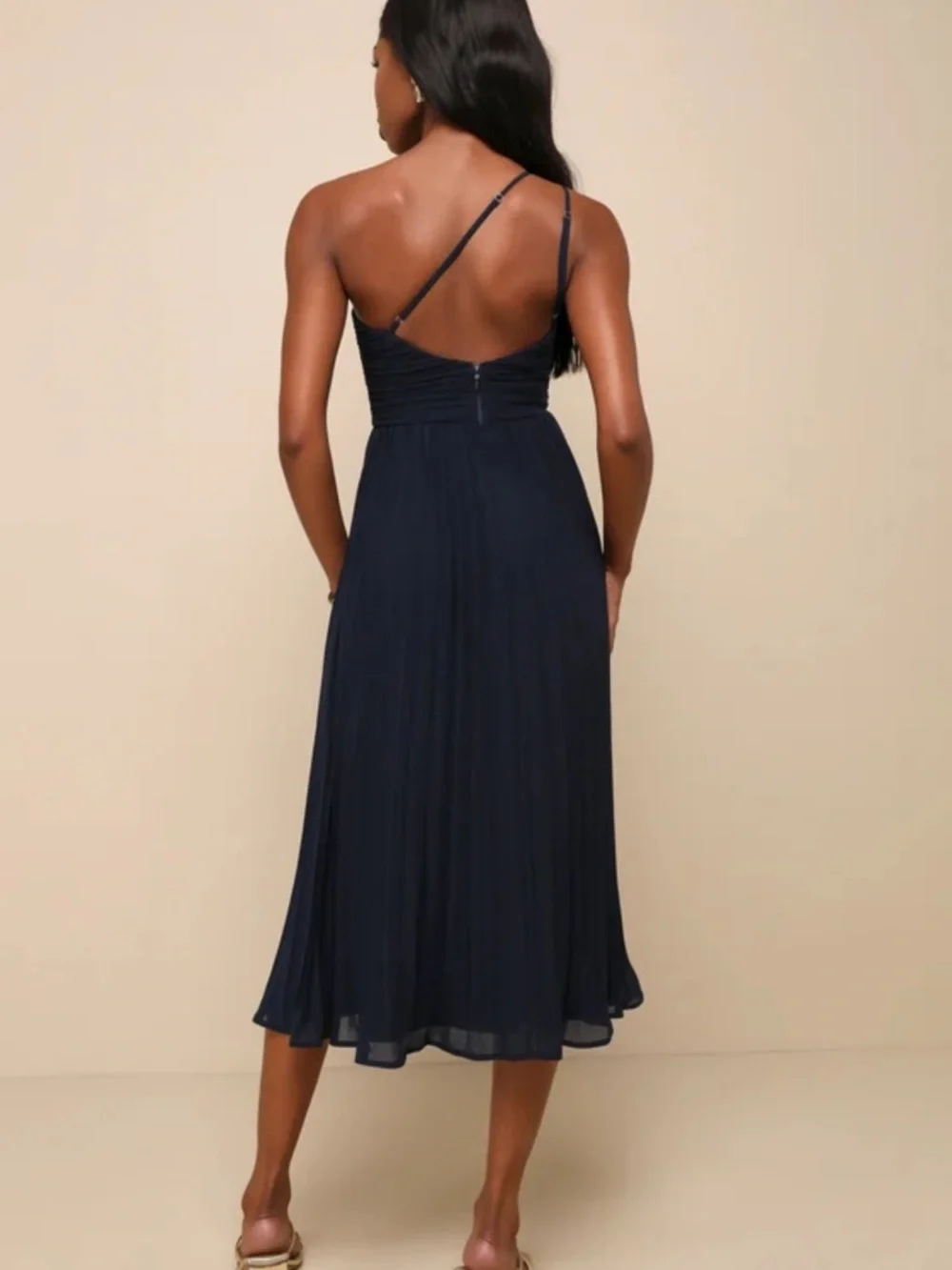 Lulus | Dresses | Lulus Wondrous Muse Navy Blue Pleated Oneshoulder ...